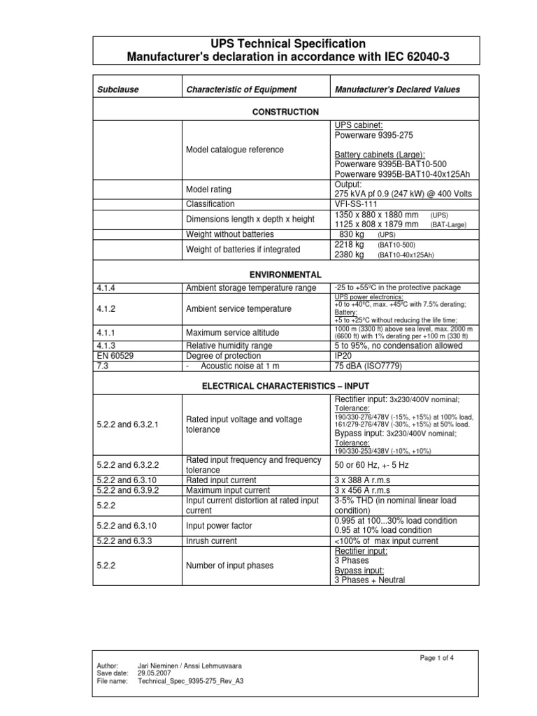Technical Spec 9395-275 Rev B | PDF | Battery Charger | Electronics