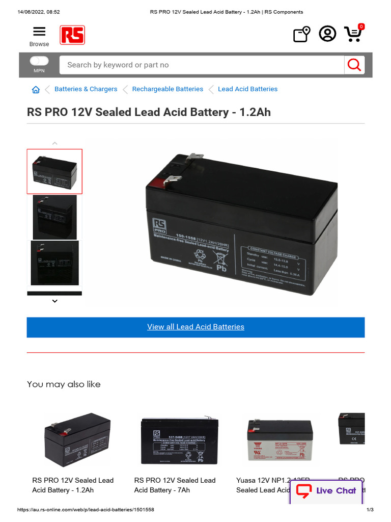 RS PRO 12V Sealed Lead Acid Battery - 1.2ah - RS Components | PDF | Lead | Sulfuric Acid