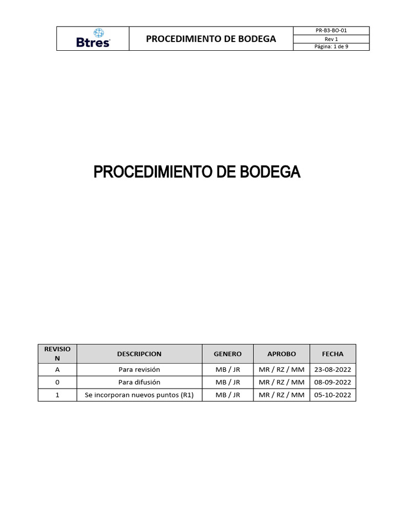 PO-B3-BO-01 Procedimiento de Bodega Rev 1 | Descargar gratis PDF | Logística | Planificación de ...
