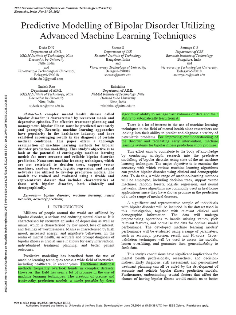 Predictive Modelling of Bipolar Disorder Utilizing Advanced Machine ...