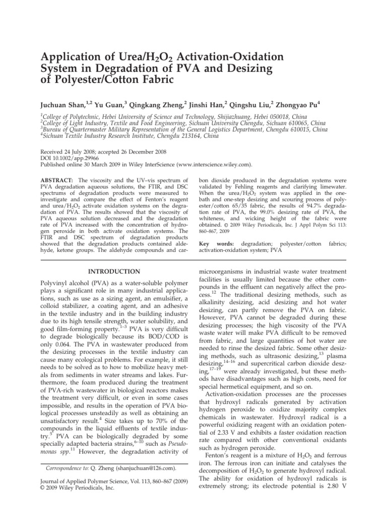 2009 Application of Urea or H2O2 Activation-Oxidation System in Degradation of PVA and Desizing ...