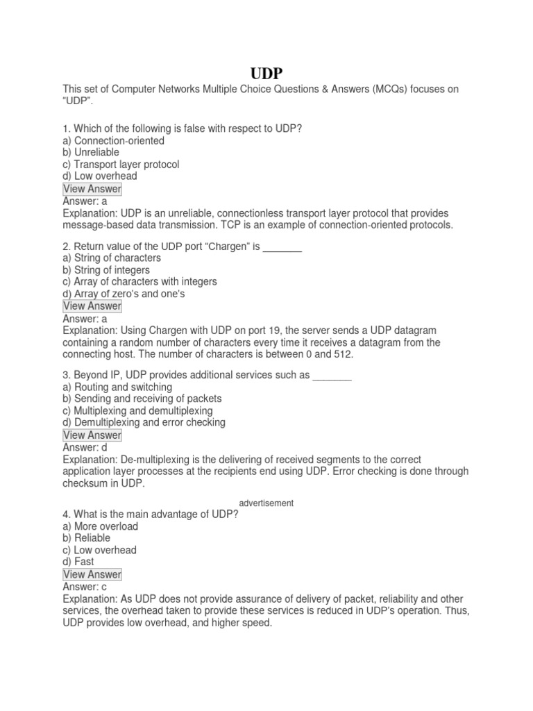 UDP Mcqs | PDF | Internet Protocols | Port (Computer Networking)