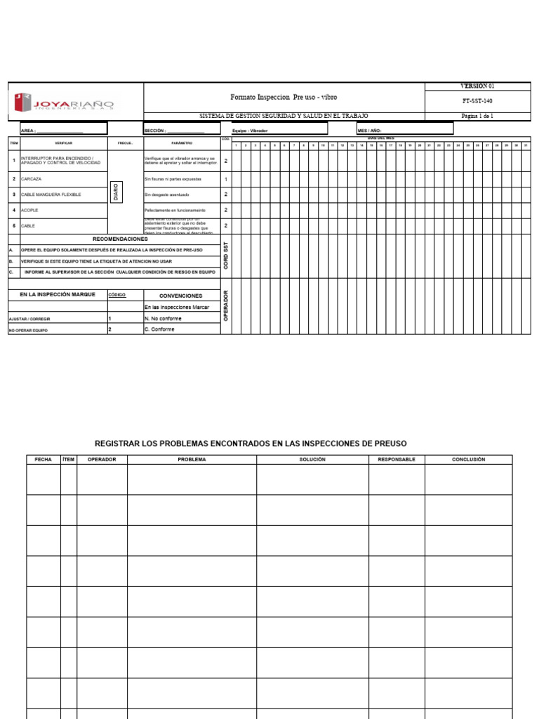 Inspección Preuso Vibrador SST | PDF