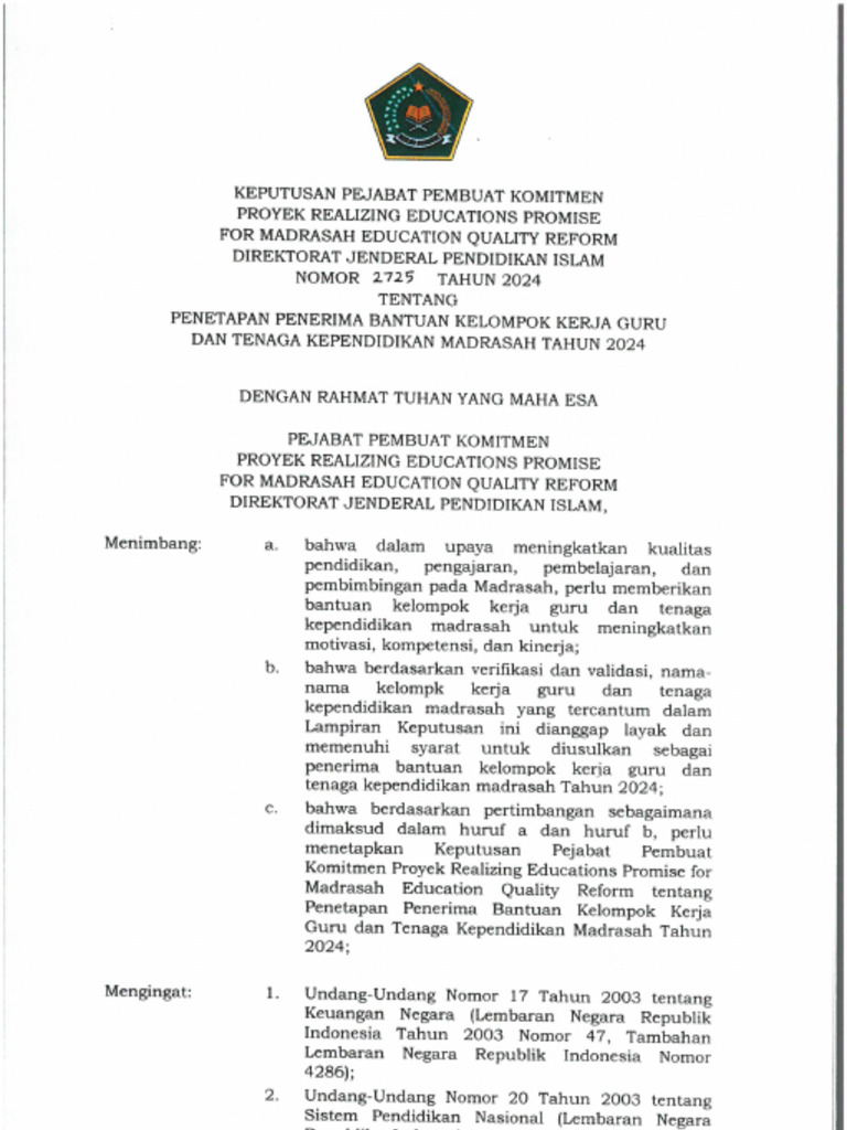 SK Penetapan Pokja Penerima Bantuan 2024 | PDF