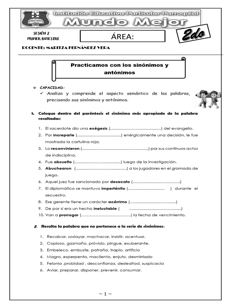 Ejercicios de Sinónimos y Antónimos | PDF | Artes del Lenguaje y ...