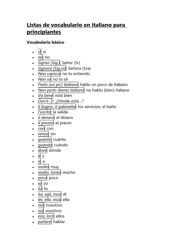 Listas de vocabulario en italiano para principiantes | Descargar gratis ...
