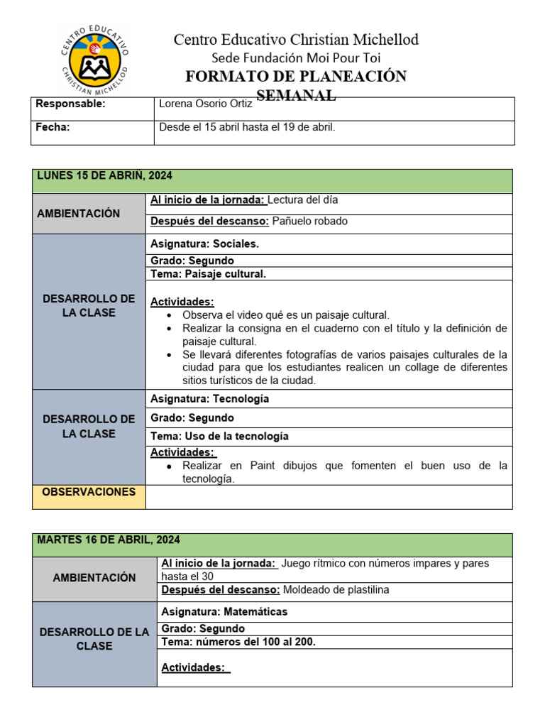 Planeación Semanal para Segundo Grado | PDF | Estudios de idiomas ...
