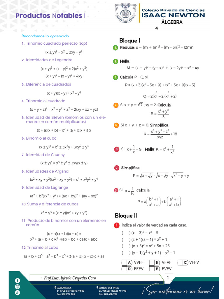 Productos notables prac | PDF | Álgebra | Matemática Elemental