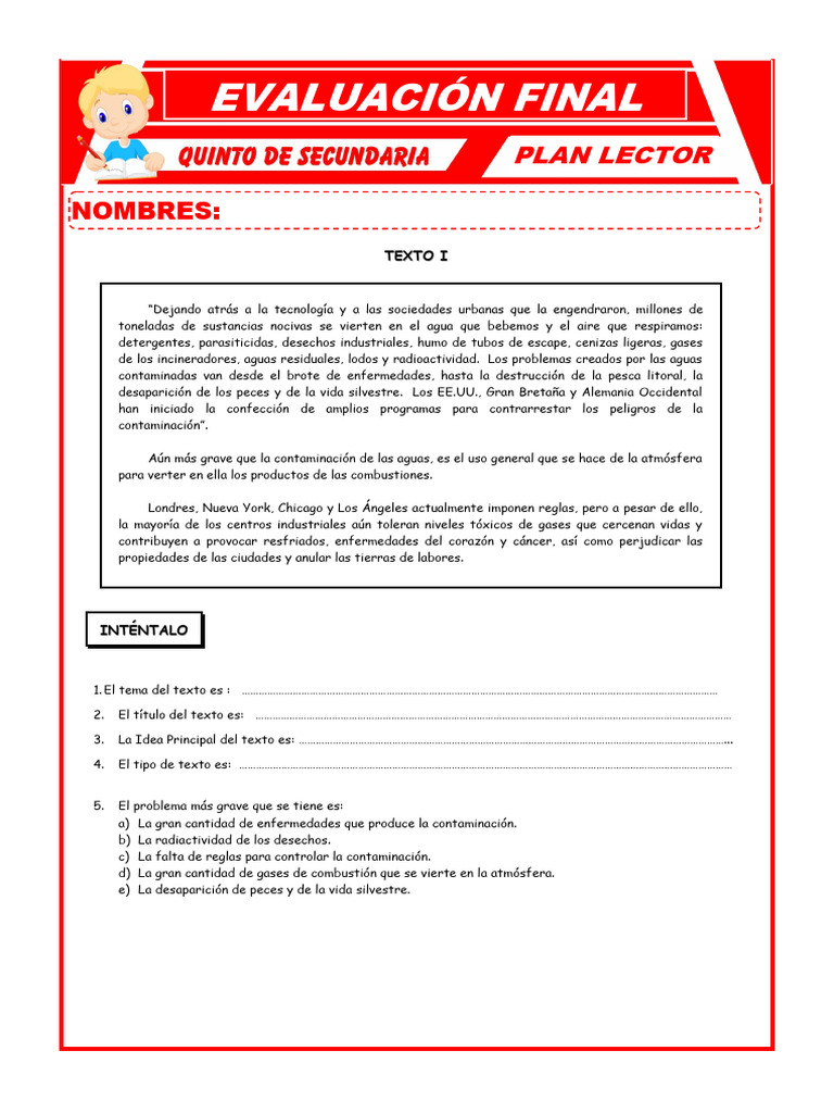 Evaluació Plan Lector - para-Quinto-de-Secundaria | PDF | Contaminación