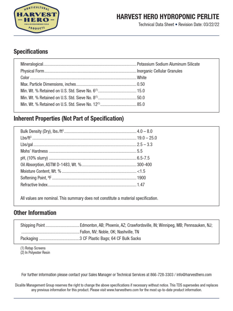 Harvest Hero Hydroponic Perlite Tds | PDF | Materials