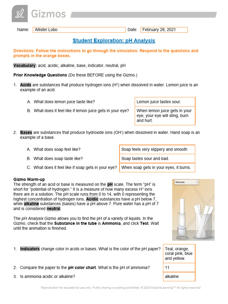 Gizmos PH Analysis Student Worksheet | PDF | Ph | Acid