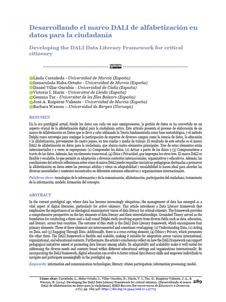 Desarrollando El Marco DALI de Alfabetización en Datos para La Ciudadanía | PDF | Big Data ...