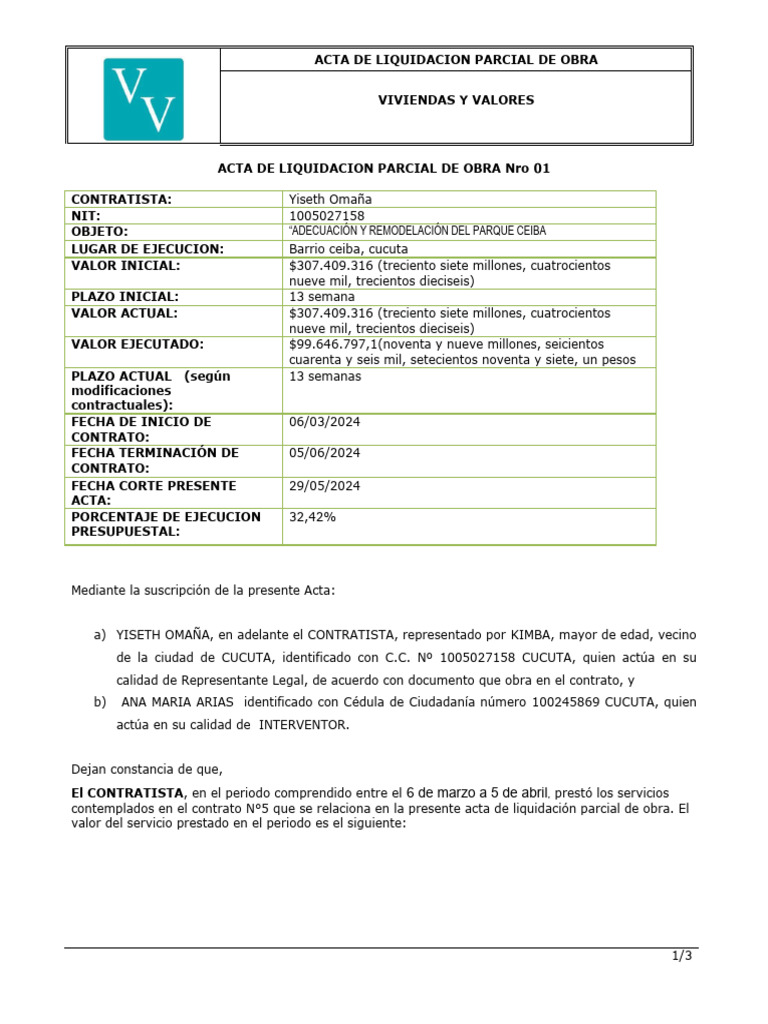 2 Acta Parcial de Pago Obra Ejecutada | PDF