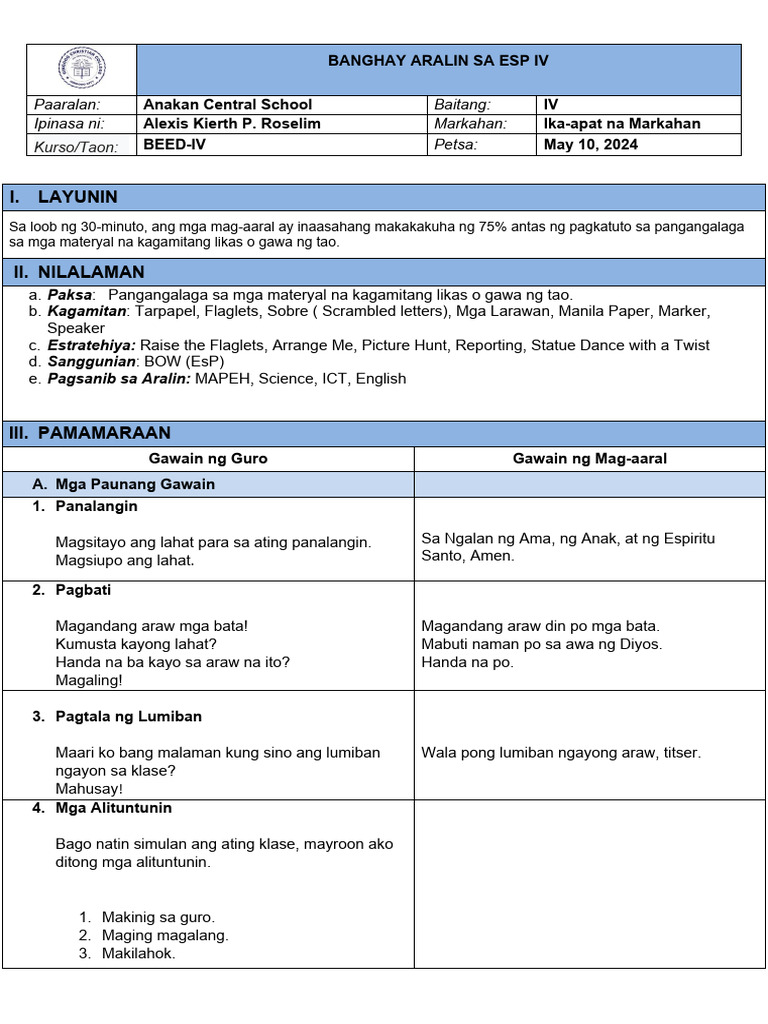 Banghay Aralin Sa Esp Iv | PDF