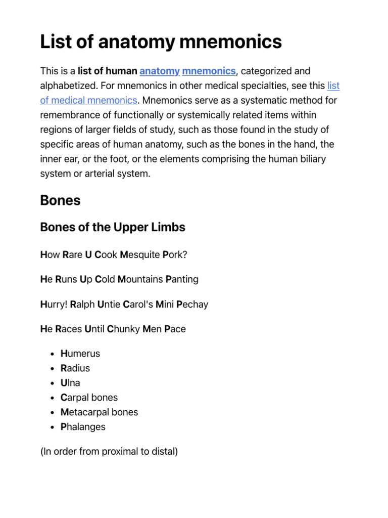 List of Anatomy Mnemonics - Wikipedia | Download Free PDF | Aorta ...