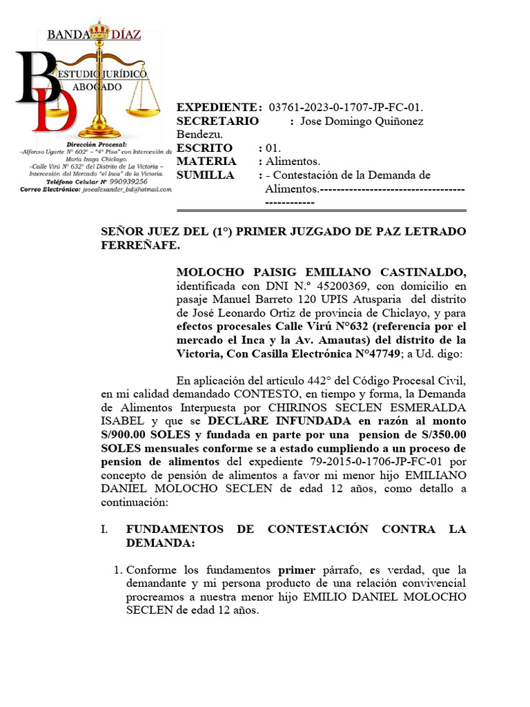 Contestacion de Demanda de Alimentos - MOLOCHO PAISIG EMILIANO | PDF ...