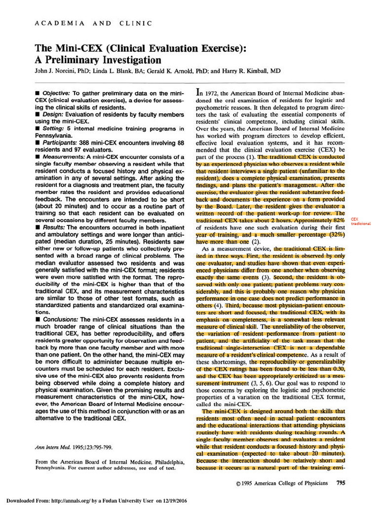 Mini CEX Preliminary Investigation Annals 1995 | PDF | Patient | Internal Medicine