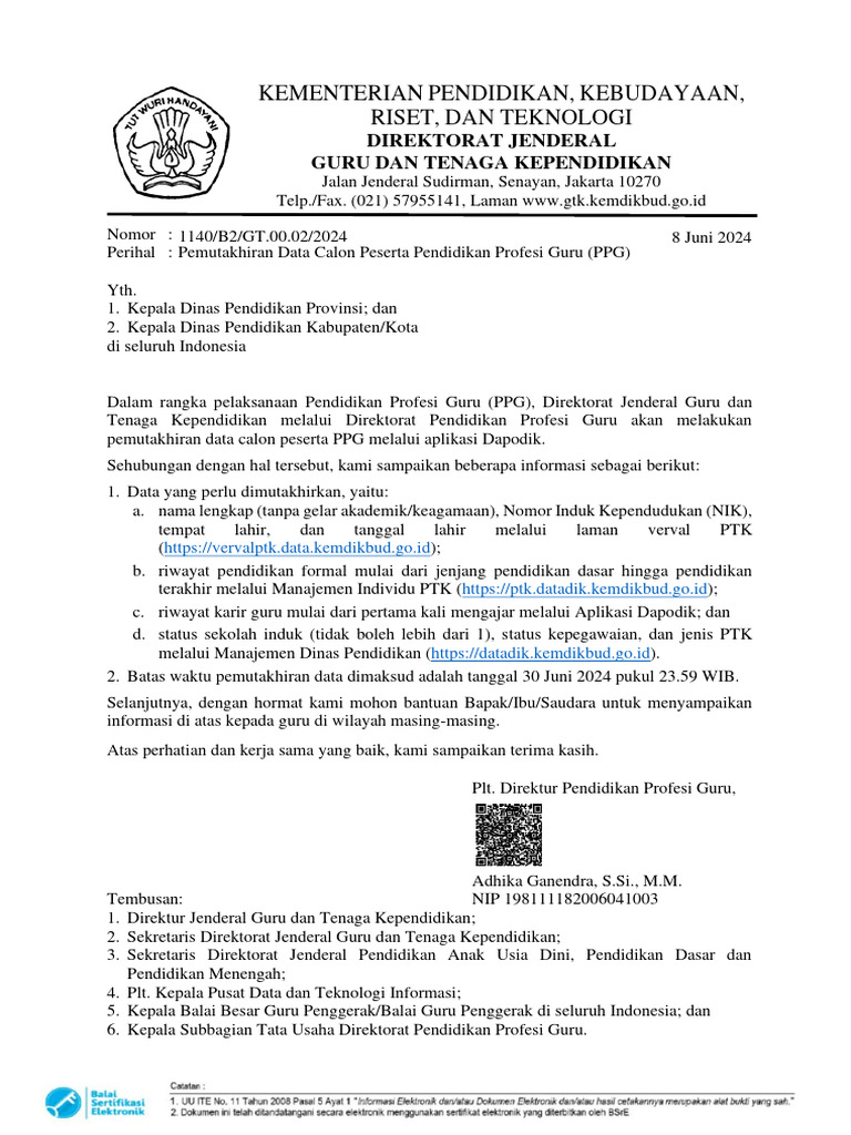 1140 - Surat Pemutakhiran Data Calon Peserta PPG | PDF