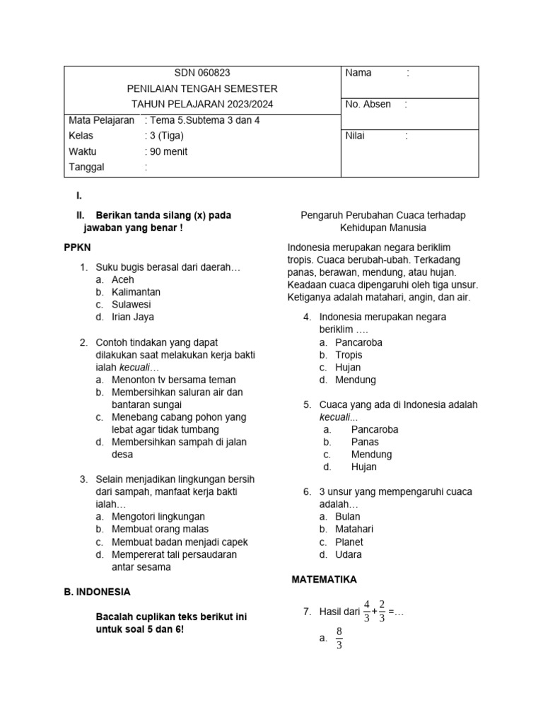 Soal PTS KELAS 3 Hari Ke 2 (Tema 5 Sub 3 4) Kelas 3 SMT 2 | PDF