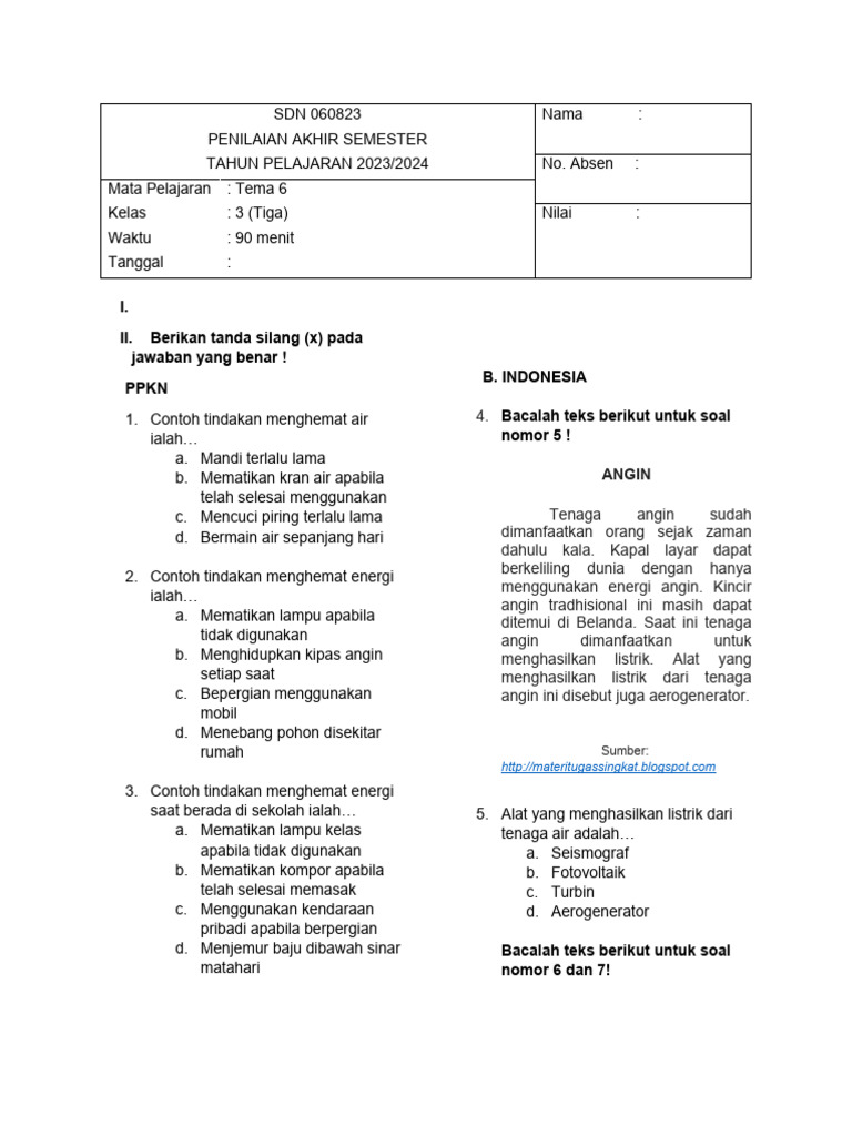 Soal PTS KELAS 3 Hari Ke 3 (Tema 6 Sub 1 2) Kelas 3 SMT 2 | PDF
