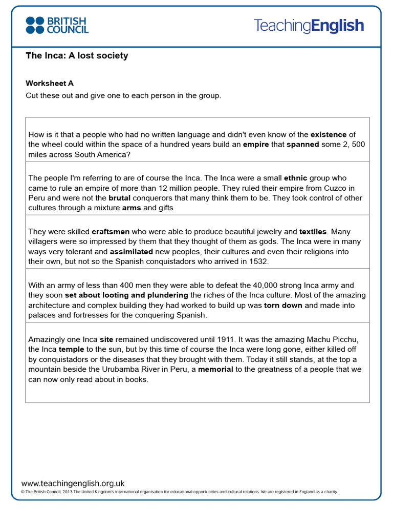 The Inca A Lost Society Student Worksheet (1) - 0 | PDF | Inca Empire