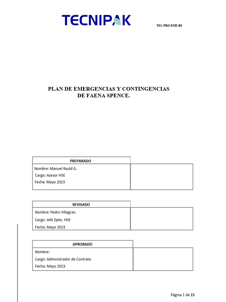 Plan de Emergencias Faena Spence | PDF | Entorno natural | Residuos