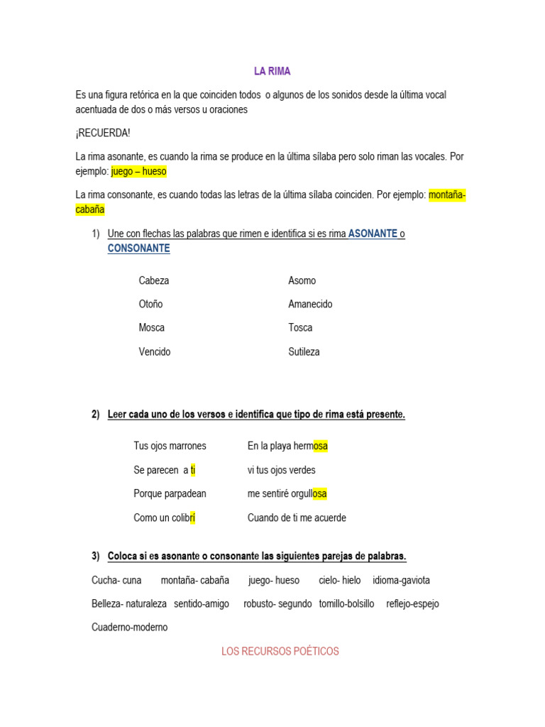 LA RIMA Tarea Extra | Descargar gratis PDF | Rima | Poesía