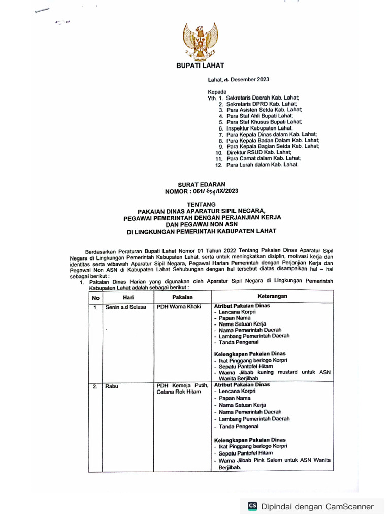 Surat Edaran Pakaian Dinas ASN Dan Non ASN Nomor 654 | PDF
