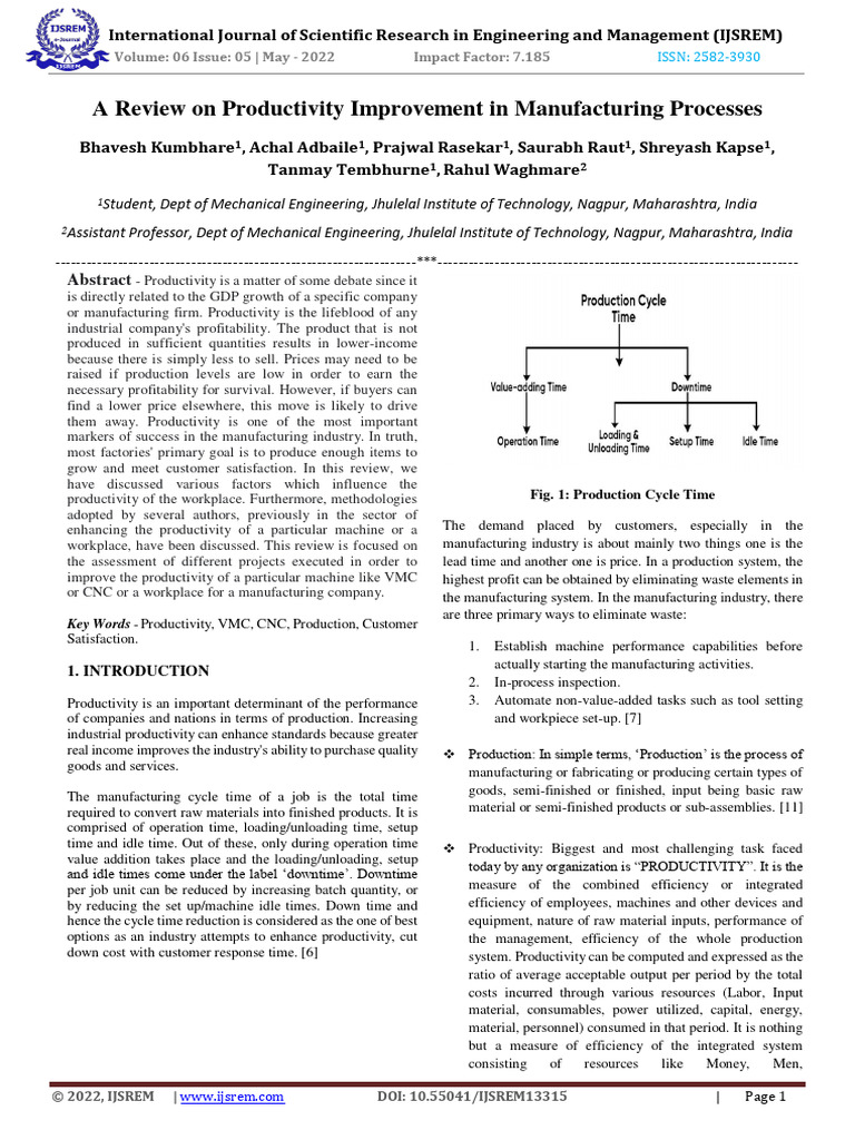A Review on Productivity Improvement in Manufacturing Processes | Download Free PDF | Machining ...