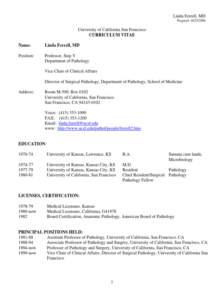 Curriculum Vitae Name: Linda Ferrell, MD | PDF | Pathology | Residency (Medicine)