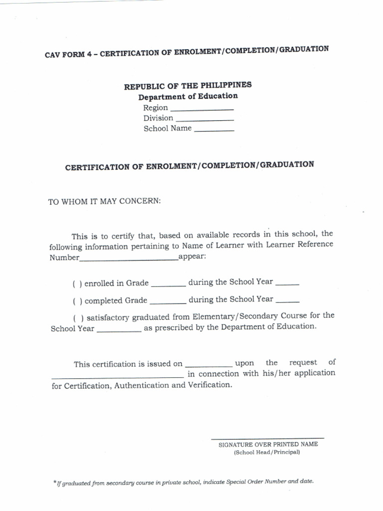 CAV FORM 4 - Certification of Enrolment Completion Graduation | PDF