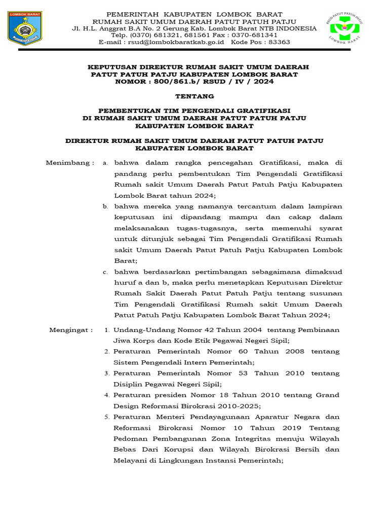 SK Tim Pengendali Gratifikais Yang Di Tetapkan Direktur Dengan Nomor 800861.bRSUDIV2024 | PDF