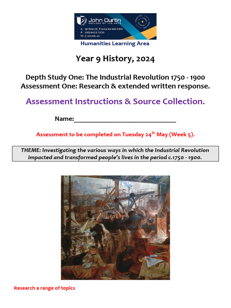 2022 Y9 Histassessment 1 Instructions | PDF | Industrial Revolution ...