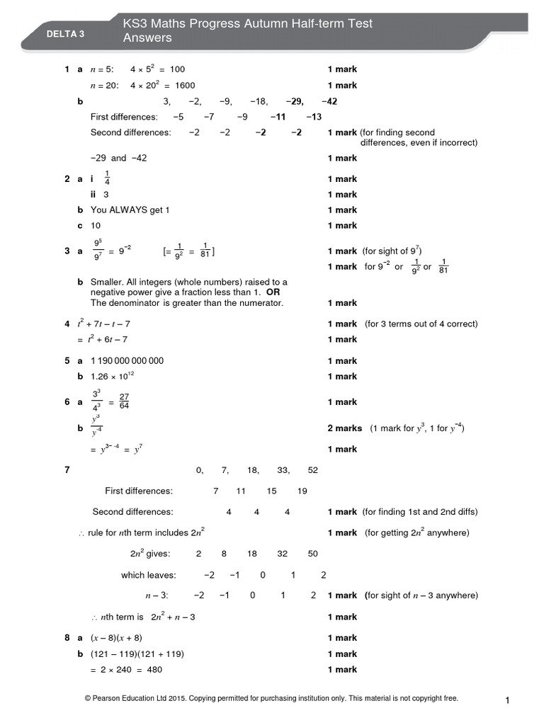 Ks3 Maths Progress Autumn Half Term Test Delta 3 Maths Progress Autumn ...