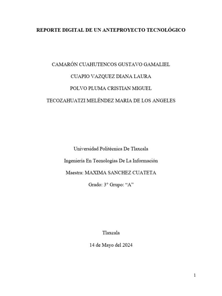 Reporte Digital de Un Anteproyecto Tecnológico | Descargar gratis PDF | Software | Hardware de ...
