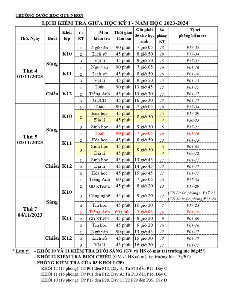 (Chinh Thuc) Lich KT GK1 (2023-2024) | PDF