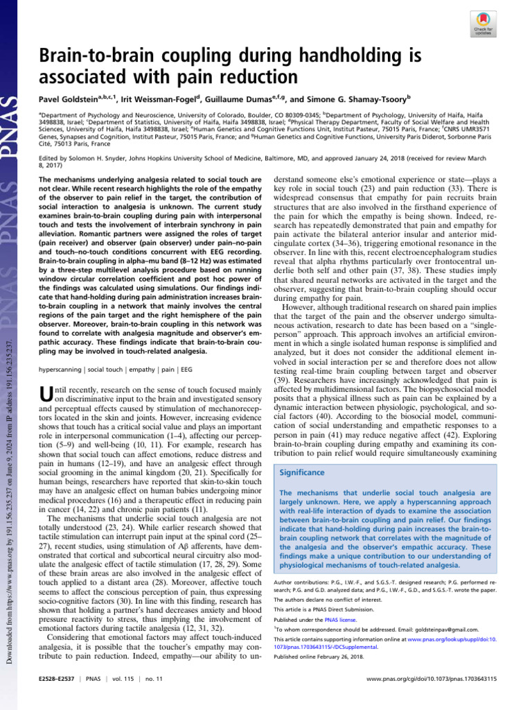 Goldstein Et Al 2018 Brain To Brain Coupling During Handholding Is Associated With Pain ...