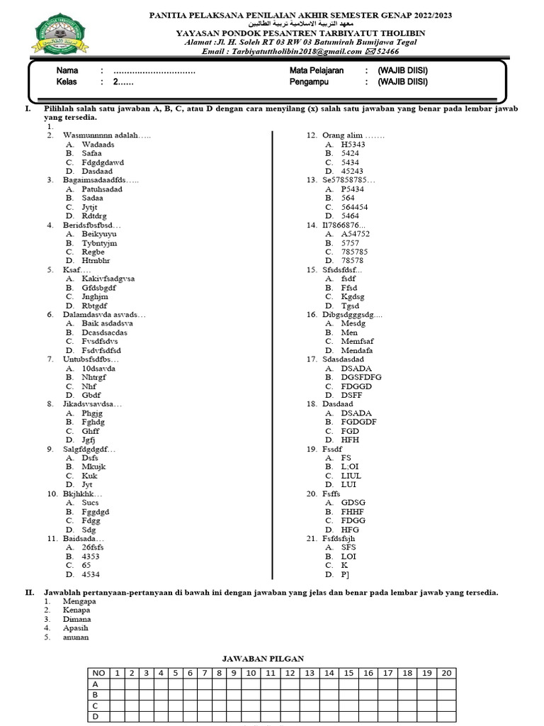 Kop Soal Pas Kelas 2 | PDF