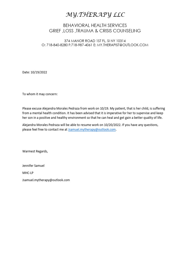 Mental Health Excuse Letter 10.19.22 | PDF | Self-Improvement | Wellness