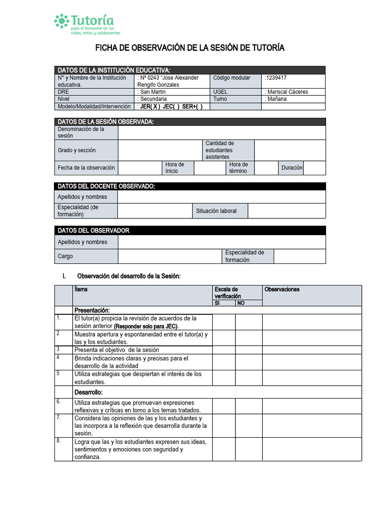 Ficha de Observacion de La Sesion de Tutoria Jer Jec | PDF