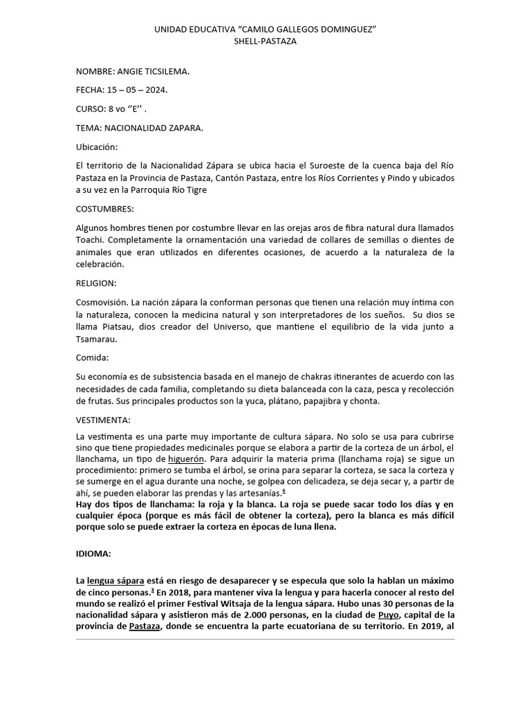 Cultura y Tradiciones de la Nacionalidad Zápara | PDF