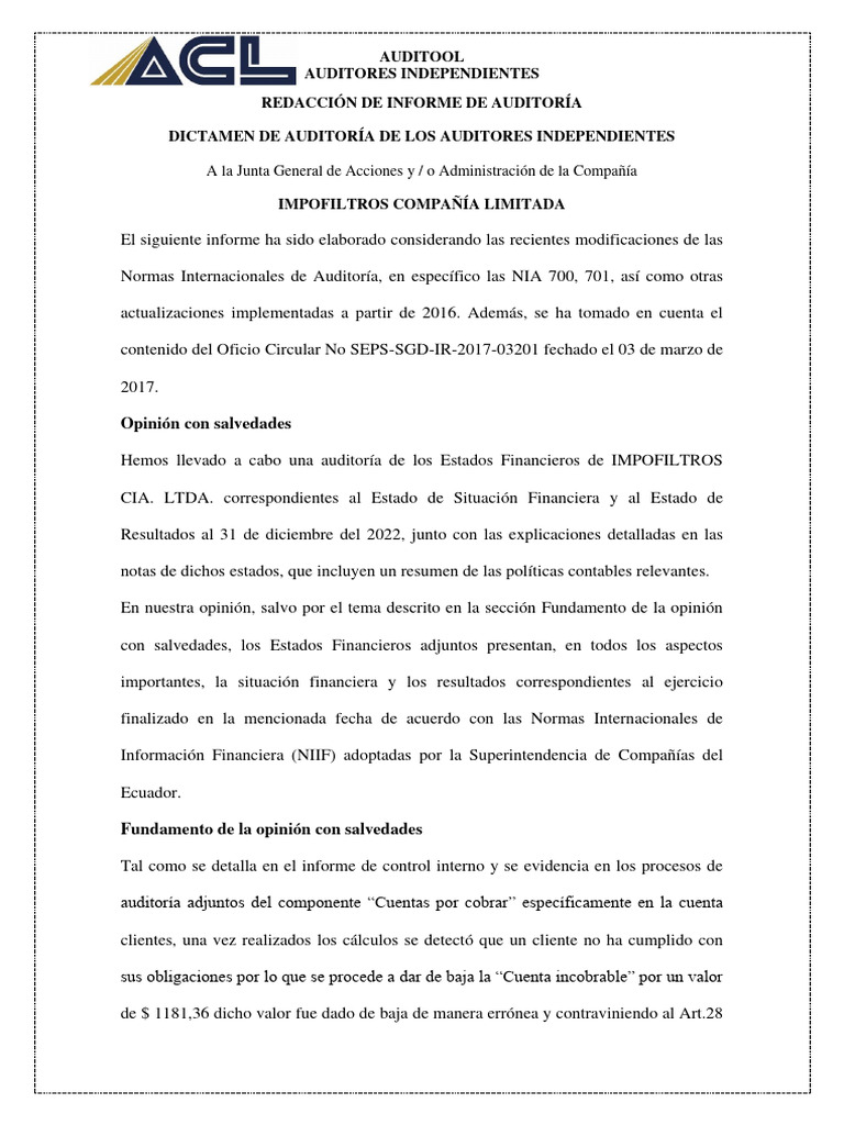 INFORME DE AUDITORÍA CON SALVEDAD | PDF | Auditoría | Estado financiero