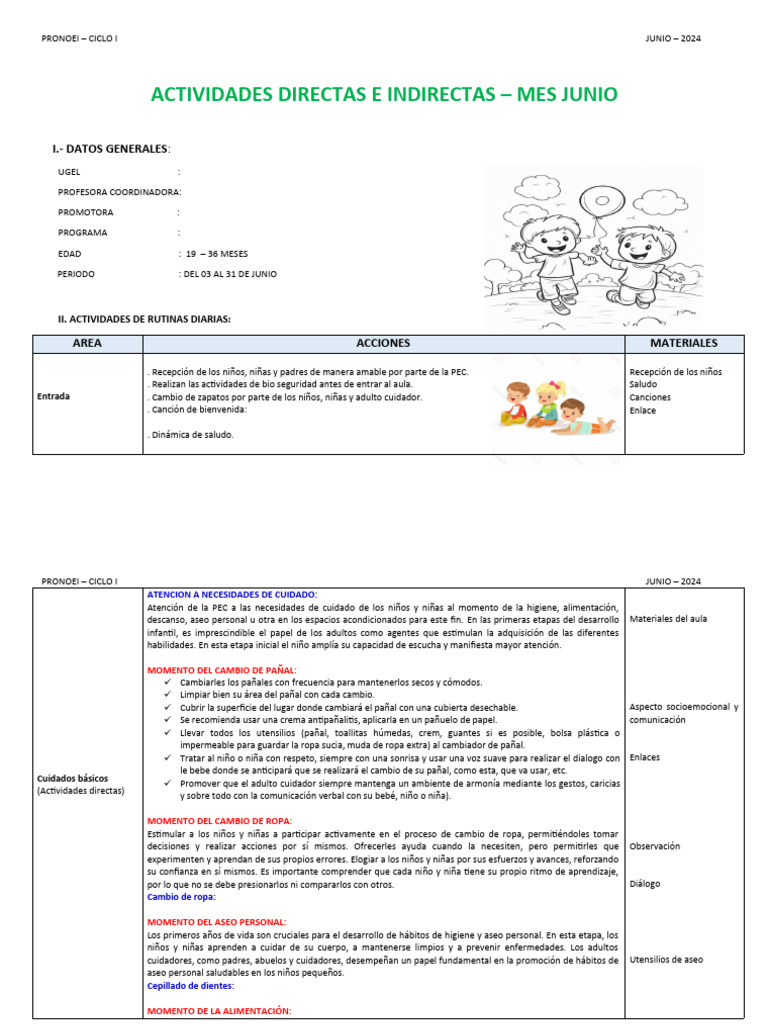 Actividades Ciclo I - Junio Ok - 19 - 36 Meses 2024 | PDF | Higiene ...