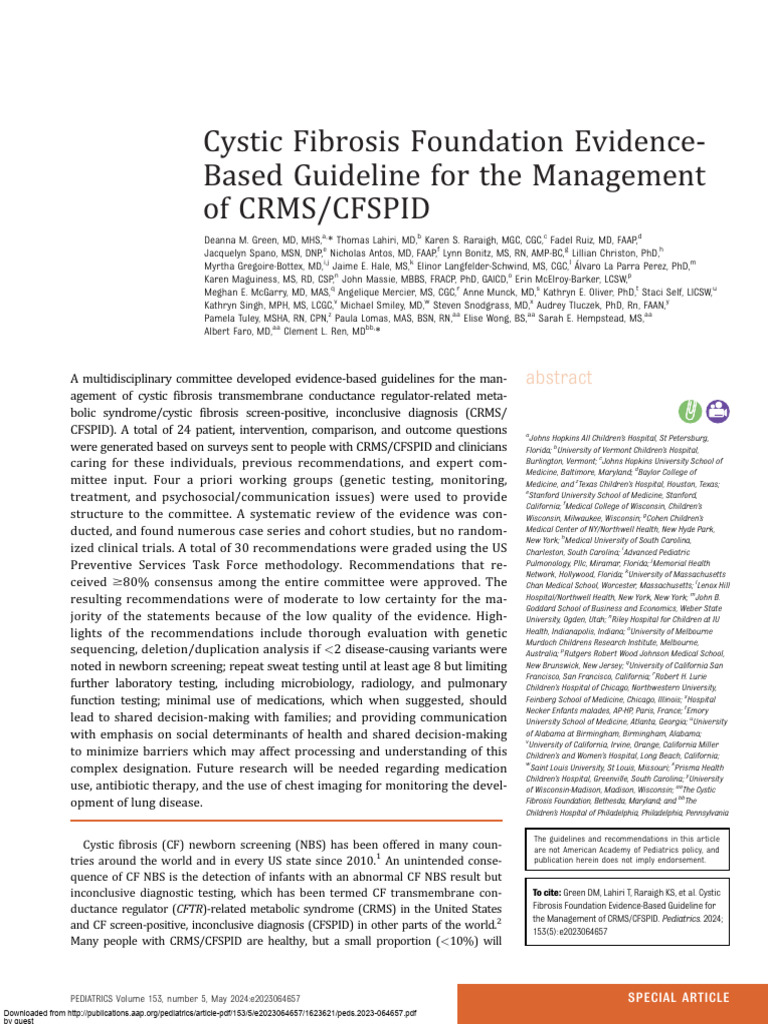 CF Foundation Evidence Based Guideline For The Management of CRMS CFSPID | Download Free PDF ...