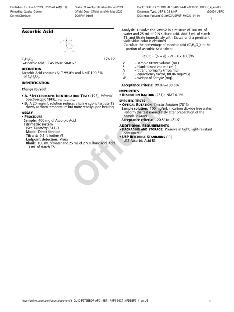 USP Raw Ascorbic Acid Specifications | PDF | Titration | Chemistry