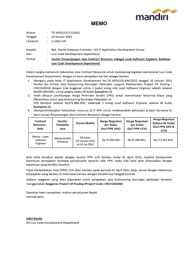 Memo Usulan Perpanjangan Ramzy Mastersystem | PDF