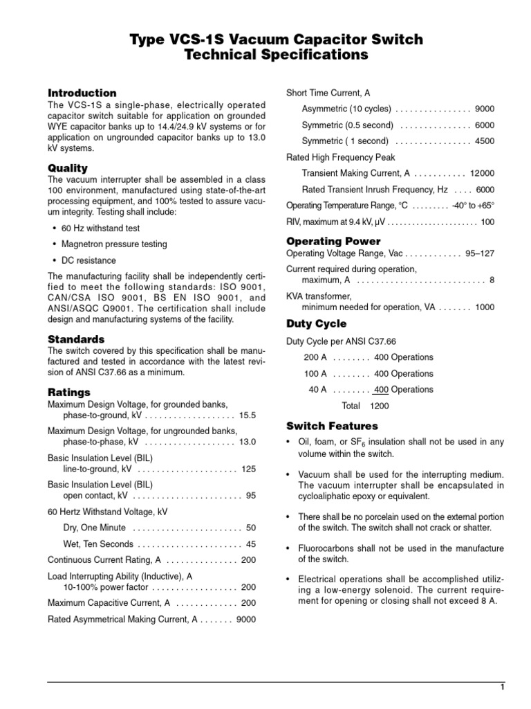 Type VCS-1S Vacuum Capacitor Switch Technical Specifications | PDF ...