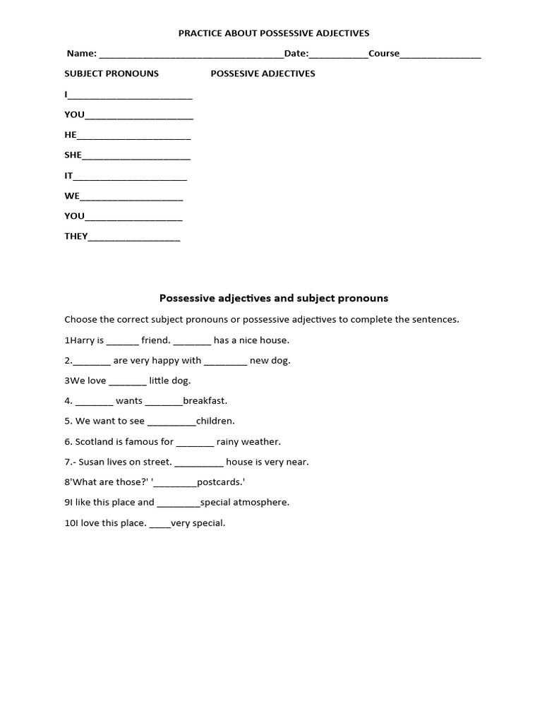 Practice About Possessive Adjectives - Doc Decimoooooooooooooooooo ...