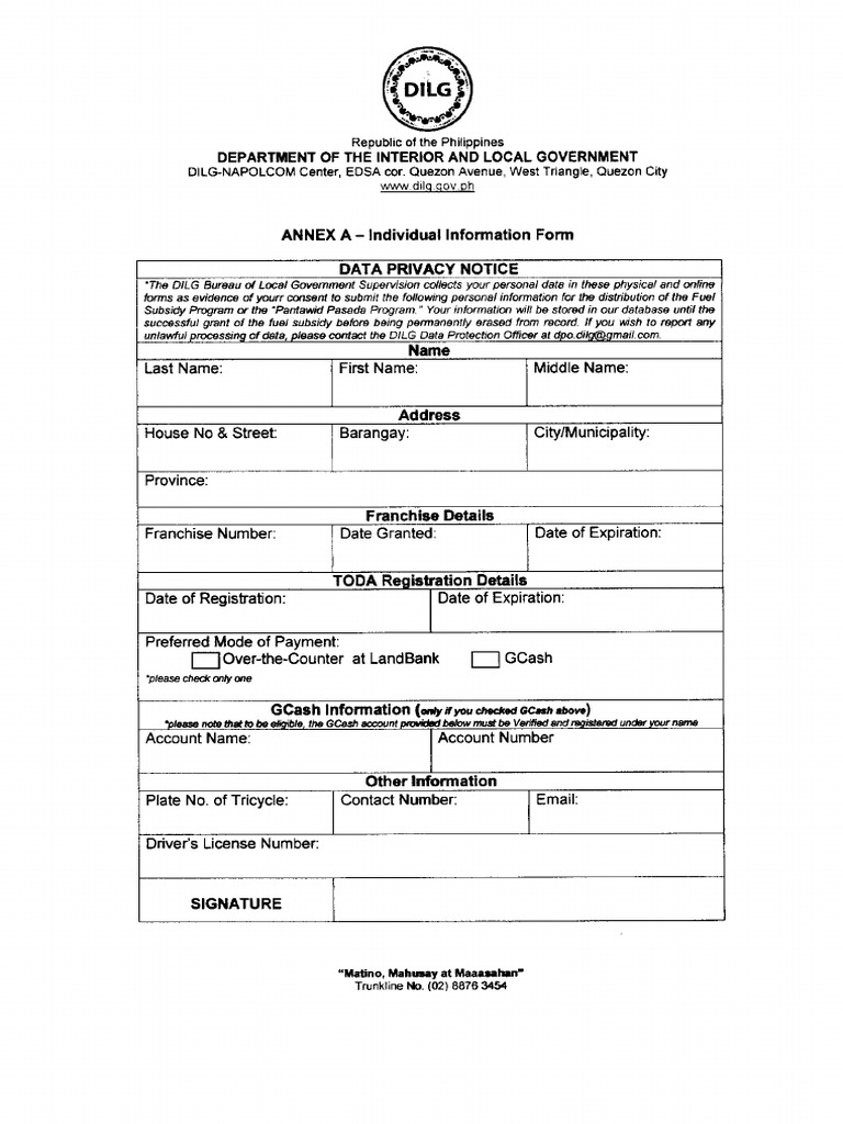 ANNEX A Individual Information Form TODA | PDF