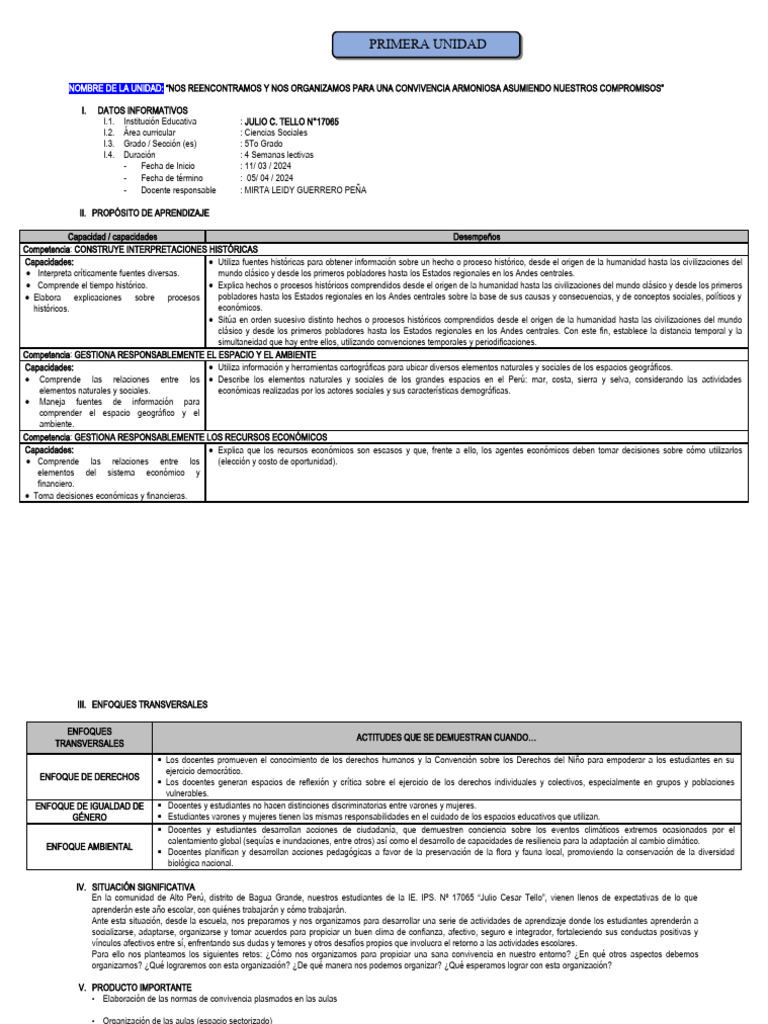 Ciencias Sociales 5to Grado: Unidad 1 | PDF | Perú | Enseñando